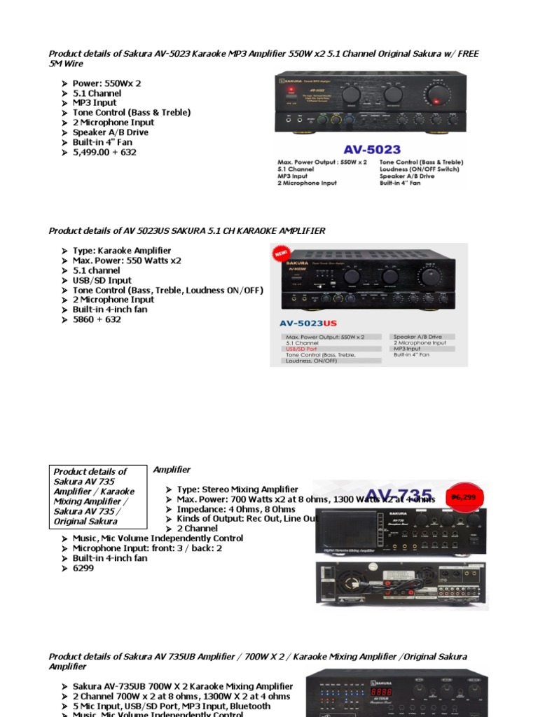 Sakura AV-5023 Karaoke Amplifier Specs | PDF