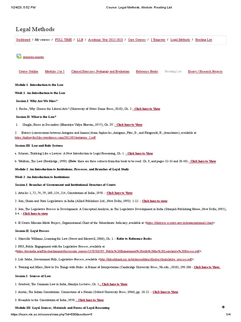 Course - Legal Methods, Module - Reading List | PDF | Government ...