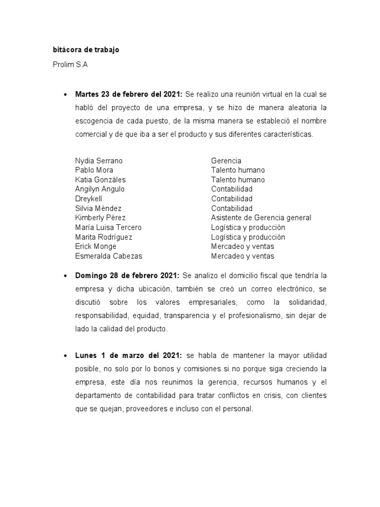 bitácora de trabajo | PDF