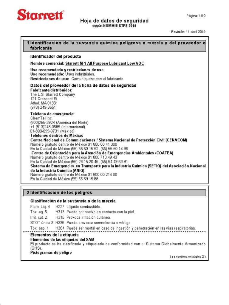 Starrett M 1 All Purpose Lubricant Low Voc - Es (SDS) | PDF