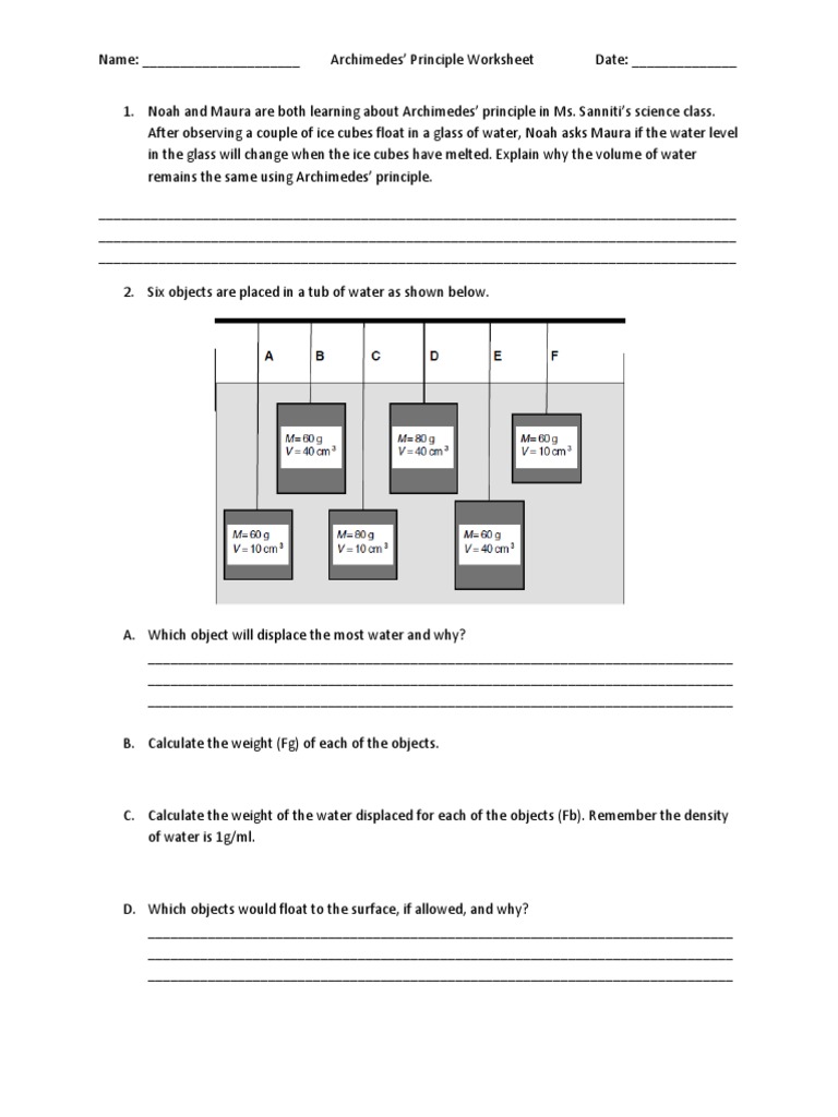 Archimedes Principle Worksheet | PDF | Buoyancy | Mechanics
