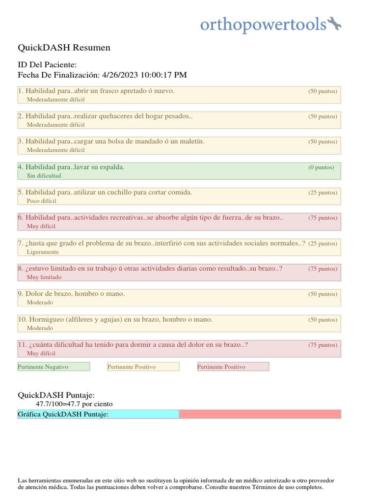 OrthoPowerTools QuickDASH Reporte Espanol | PDF