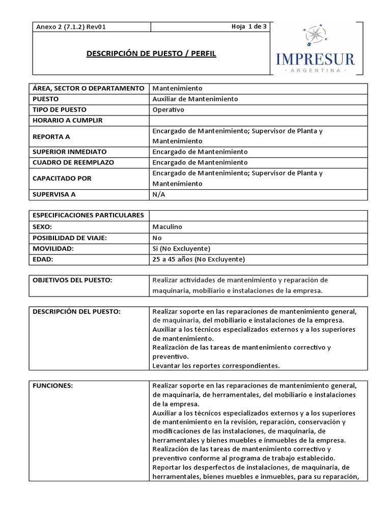 Descripción Del Puesto Auxiliar de Mantenimiento | PDF