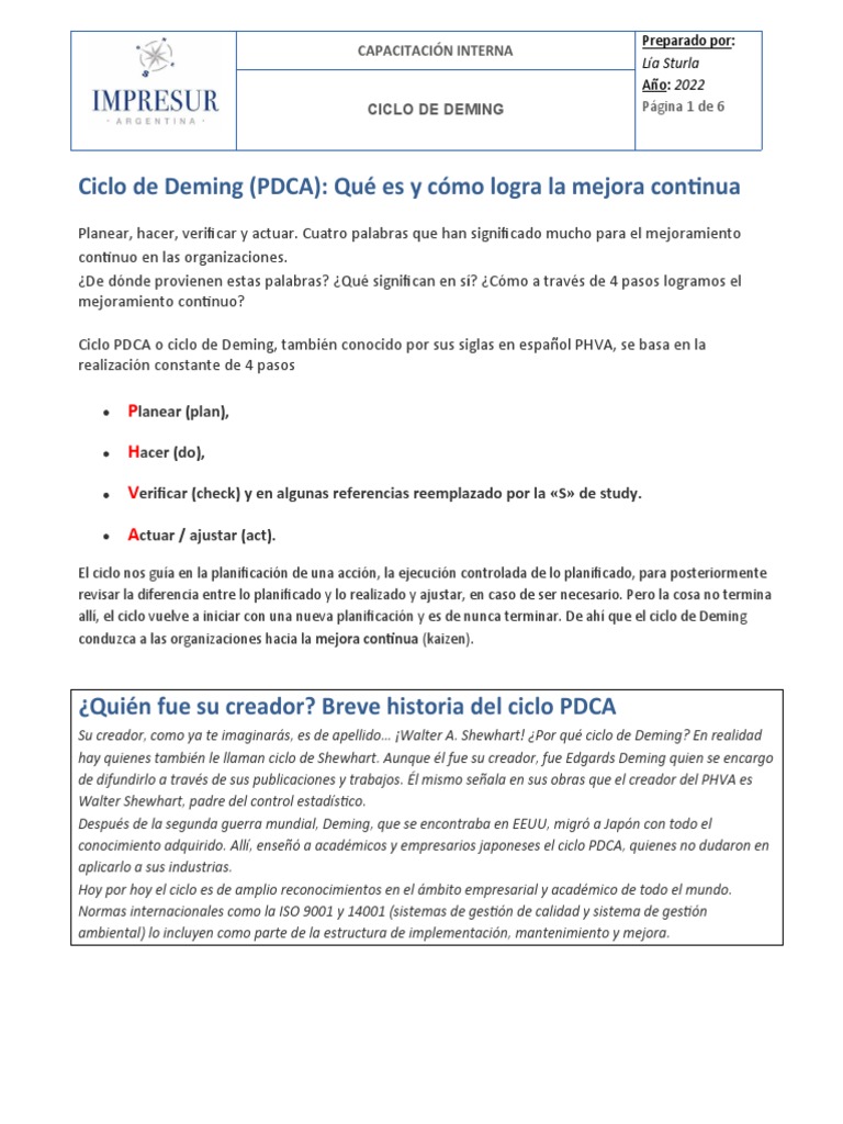 Ciclo de Deming: Mejora Continua PDCA | PDF