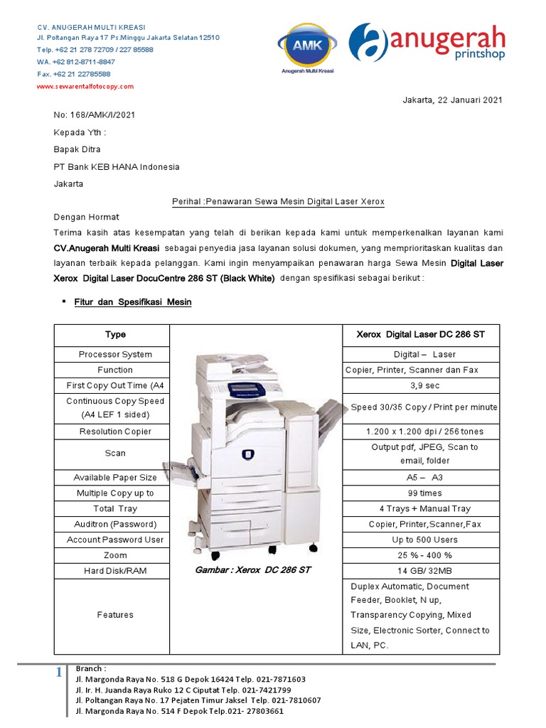 Penawaran Sewa Mesin Fotocopy Xerox Digital Laser Multifungsi ...