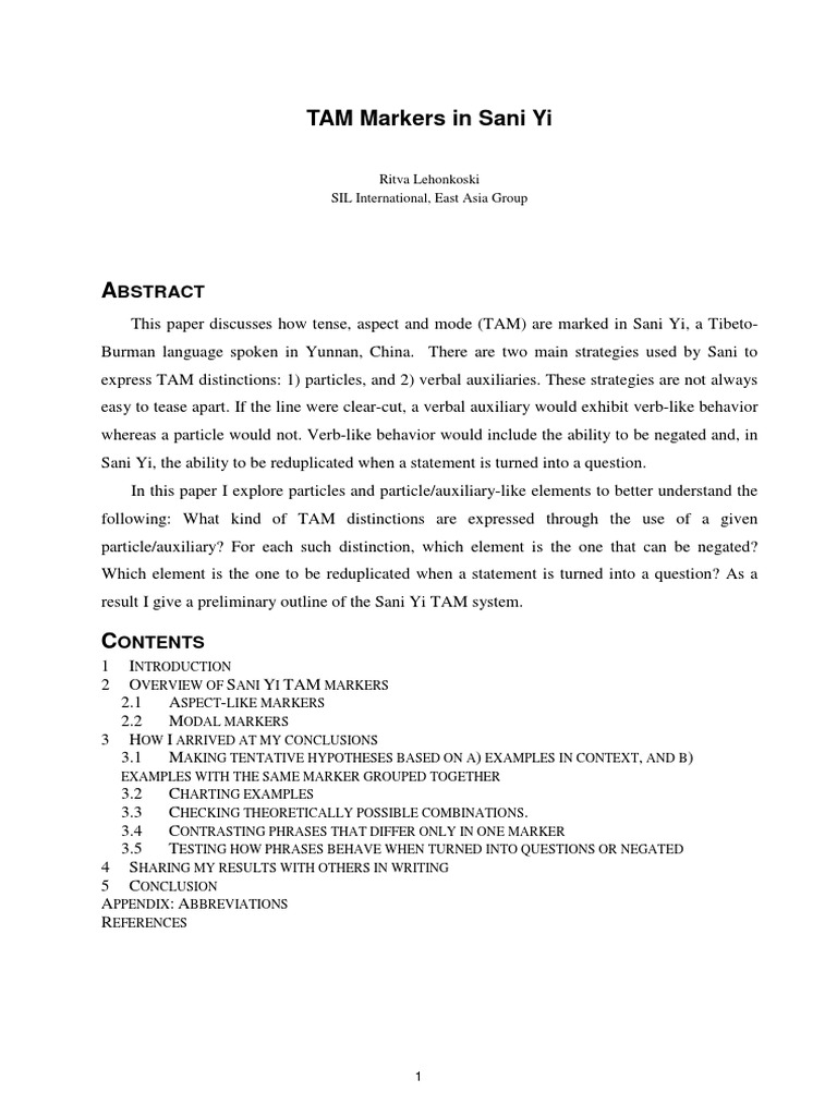Lehonkoski Ritva. - TAM Markers in Sani Yi | PDF | Verb | Language Mechanics