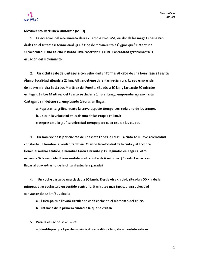 Ejercicios MRU 4ºESO | PDF | Velocidad | Cinemática