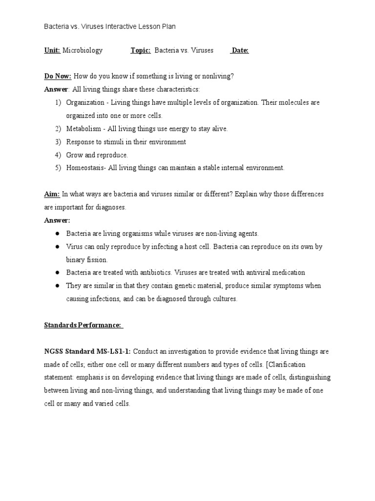 Bacteria Viruses Lesson Plan Pdf Virus Organisms