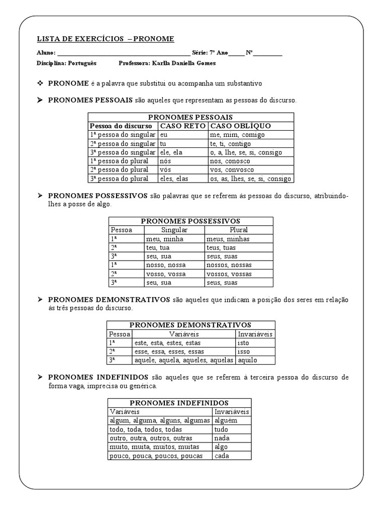 Lista de Exercicios Pronomes | PDF | Pronome | Número gramatical