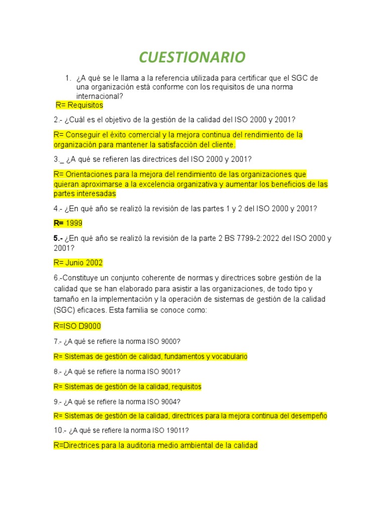 CUESTIONARIO ISO 2000 y 2001 | PDF