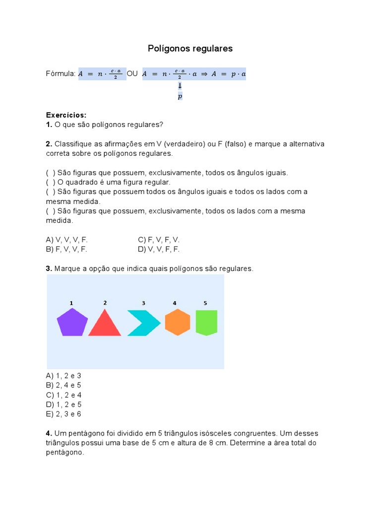 Polígonos Regulares - Fórmulas e Exercícios PDF | PDF