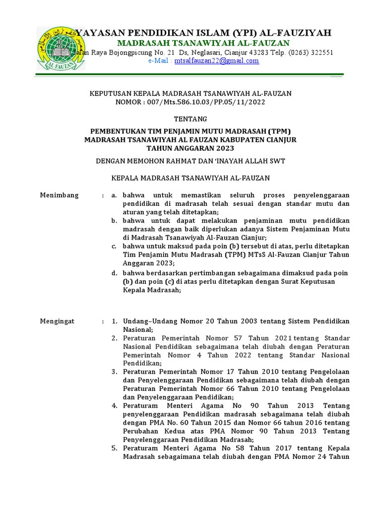 Contoh SK TIM PENJAMIN MUTU MADRASAH (TPM) 2023 | PDF