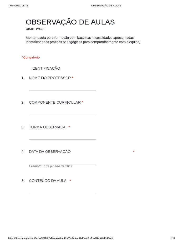 OBSERVAÇÃO DE AULAS - Formulários Google | PDF | Lição | Pedagogia