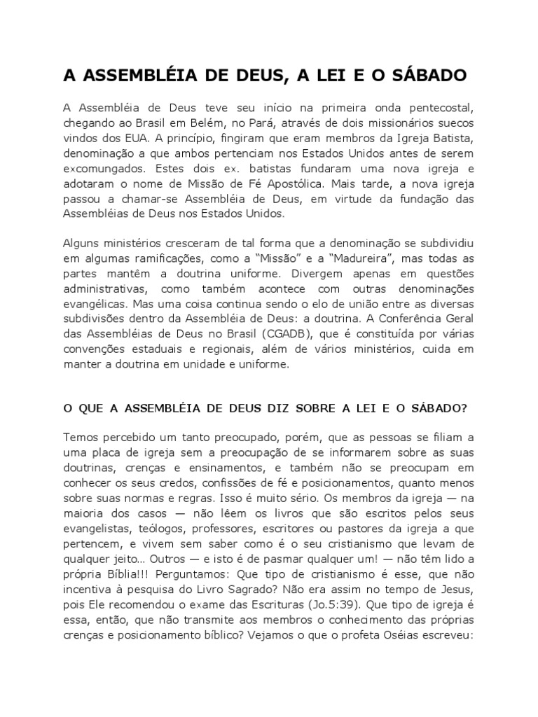 A Assembléia de Deus, A Lei e o Sábado | PDF | Shabat | Jesus