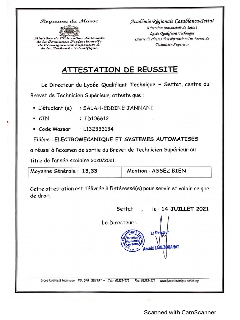 Attestation de Reussite | PDF