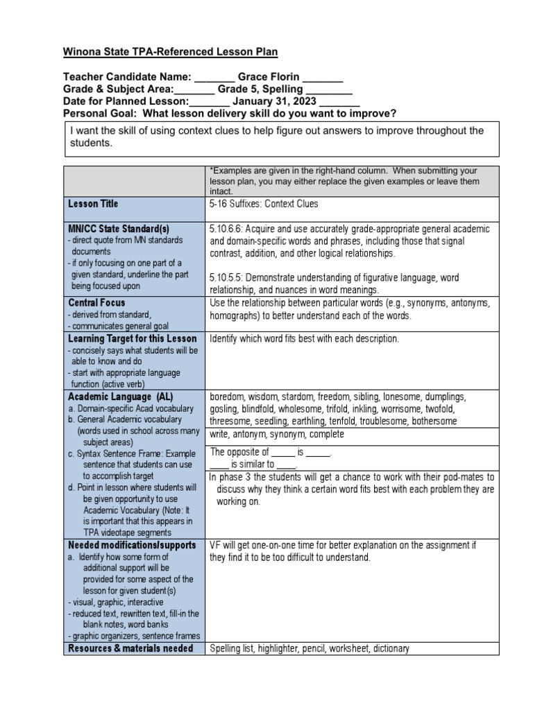 Spelling Lesson Plan Grace Florin 1-31 | PDF | Teachers | Homework