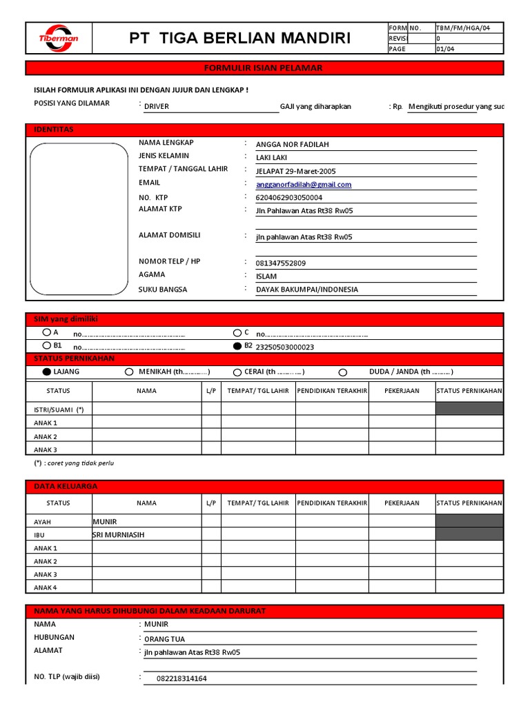 Formulir Pendaftaran Calon Karyawan | PDF