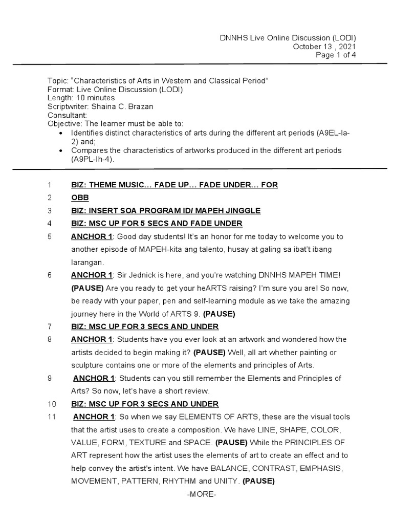 Arts Lodi Script Q1 Characteristics Of Arts In Western And Classical Period Download Free Pdf 