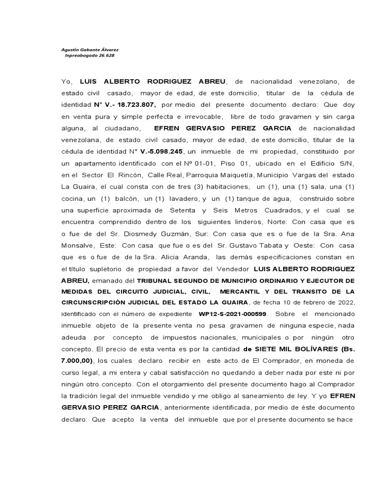 Documento Compra Venta Efren Perez Apto | PDF