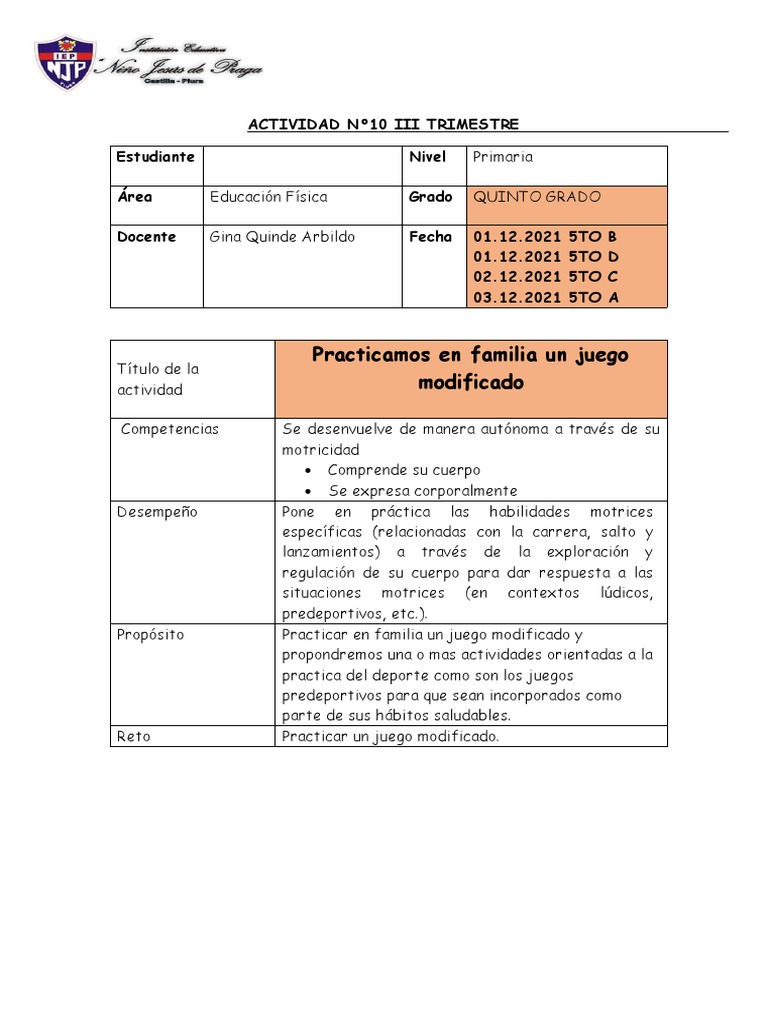ACTIVIDAD N 10 Practicamos en Familia Un Juego Modificado | PDF