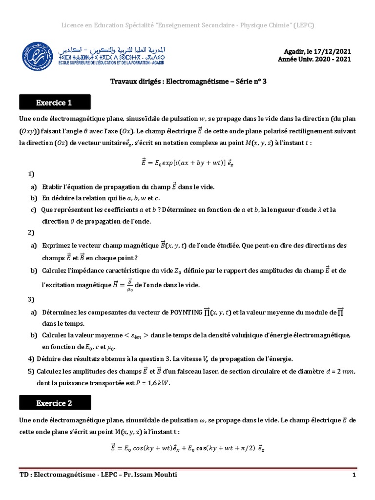 TD N°3 Electromagnétisme ESEFA | PDF | Vagues | Électromagnétisme