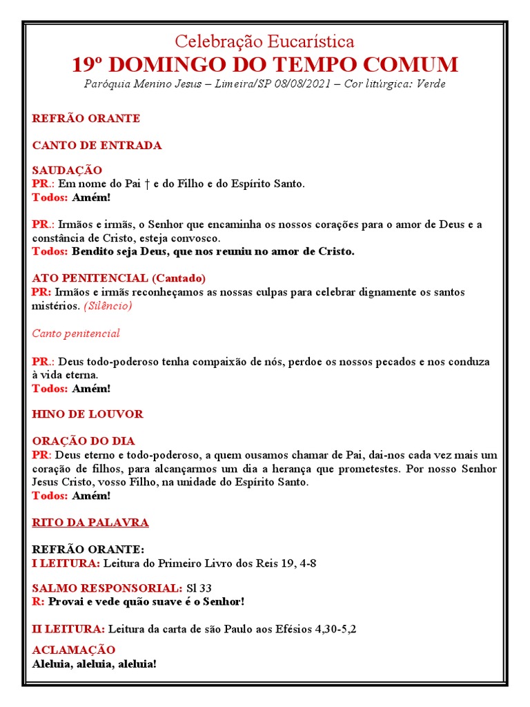 Celebração Eucarística da 19a Domingo do Tempo Comum na Paróquia Menino ...