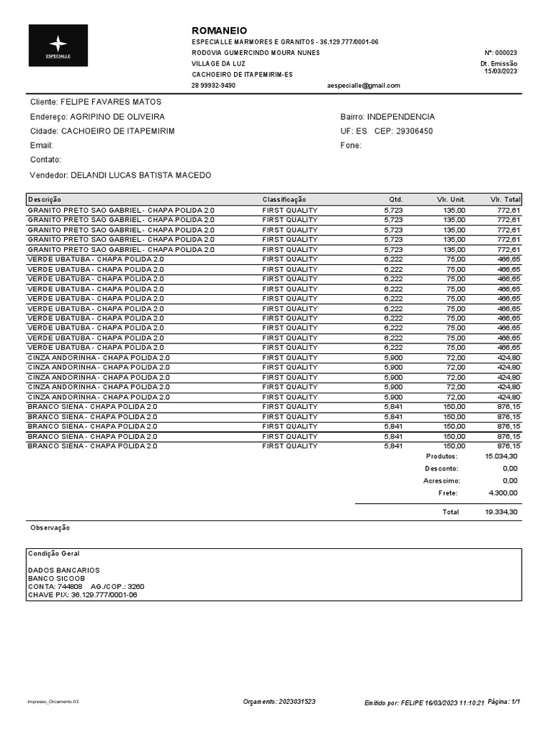 Romaneio Marmoraria Ezequiel 01 | PDF