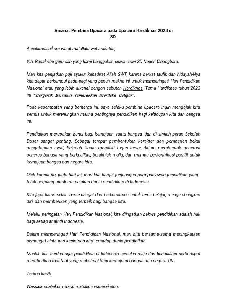 Amanat Pembina Upacara Pada Upacara Hardiknas 2023 Di SD | PDF