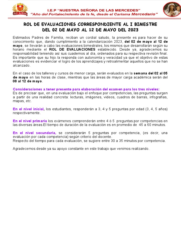 Rol de Examenes 2023 I Bimestre PDF | PDF | Evaluación | Aprendizaje