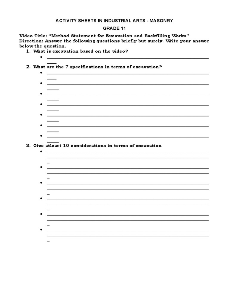 ACTIVITY SHEETS IN INDUSTRIAL ARTS Excavation | PDF