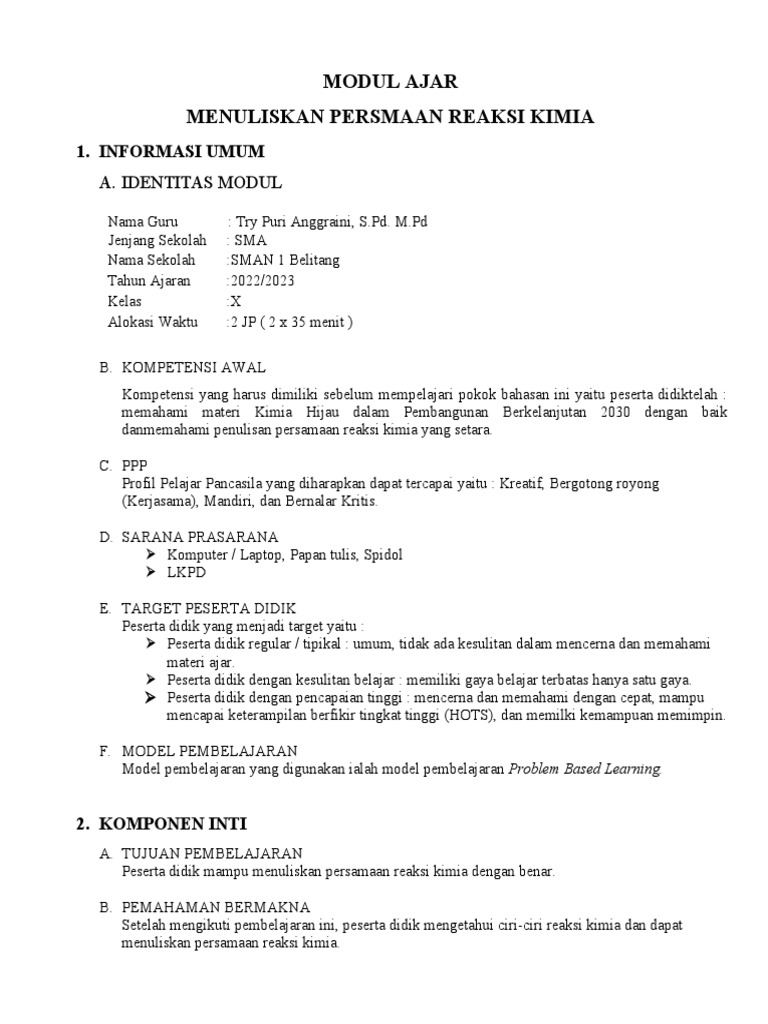 Modul Ajar Menuliskan Persmaan Reaksi Kimia | PDF