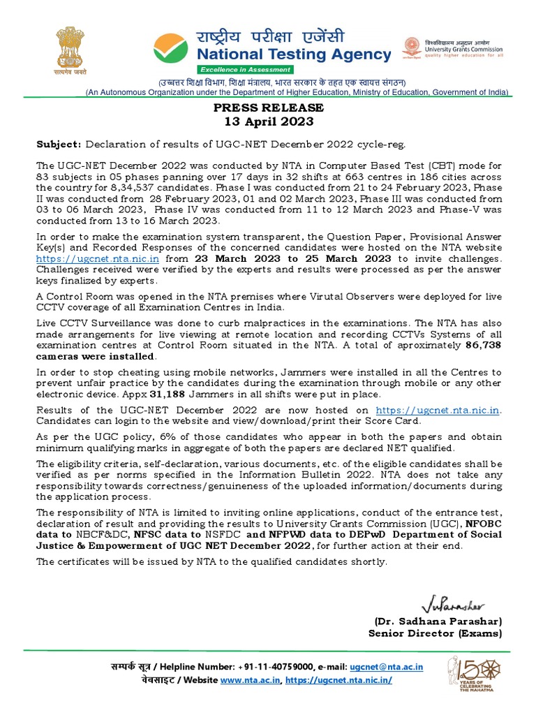 Press Release 13 April 2023: Subject: Declaration of Results of UGC-NET ...