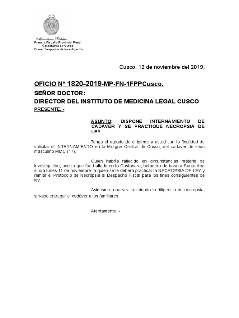 Oficio MP Solicita Peritaje | PDF | Jurisprudencia médica