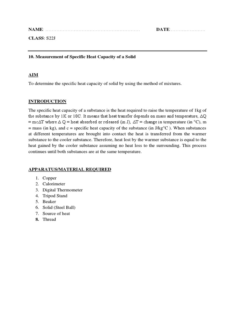 Specific Heat Capacity of a Solid Experiment | PDF | Heat | Heat Capacity