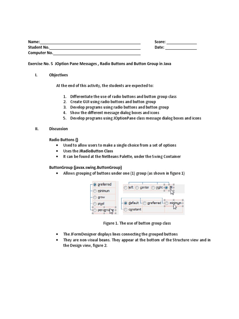 Java GUI: JOptionPane & Radio Buttons | PDF | Graphical User Interfaces | Computer Programming