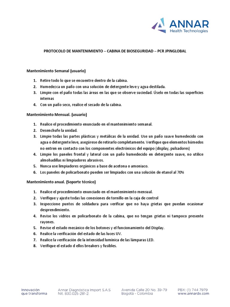 Protocolo Mantenimiento Cabina PCR | PDF | Tecnología