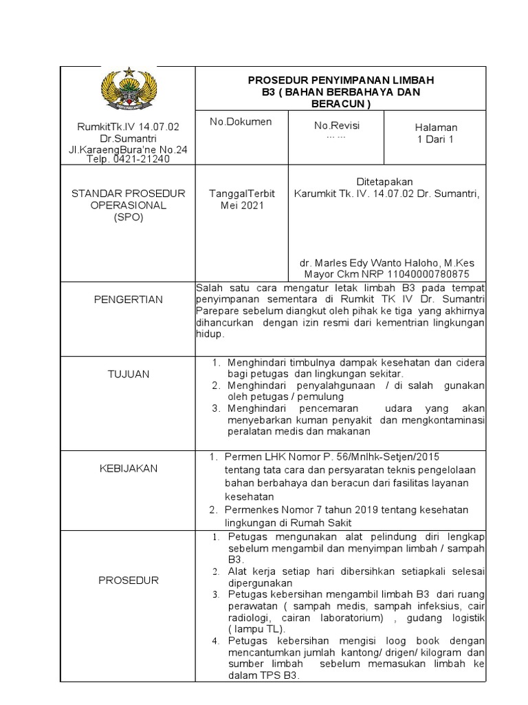 Sop Penyimpanan Limbah B3 | PDF