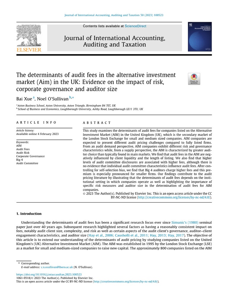 The Determinants of Audit Fees in The Alternative I - 2023 - Journal of ...