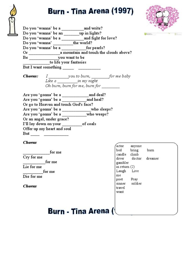 Burn by Tina Arena Song Cloze Activities With Music Songs Nursery ...