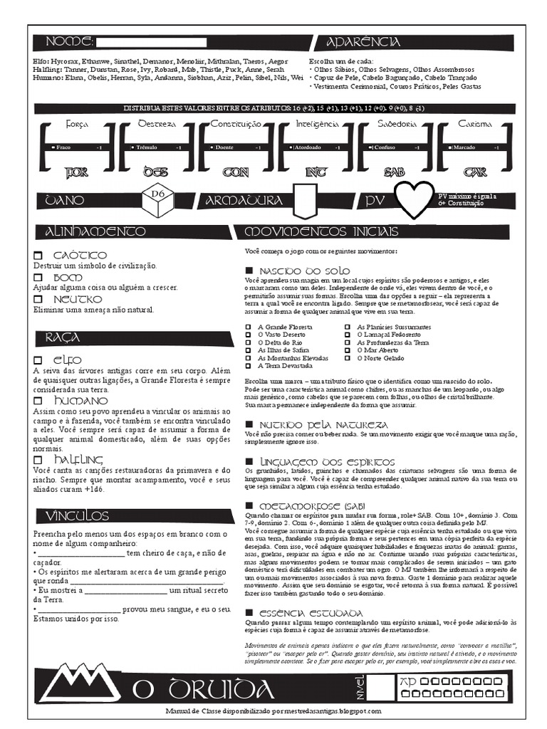 Ficha Base de Dungeon World - Druida | PDF | Terra | Tempo