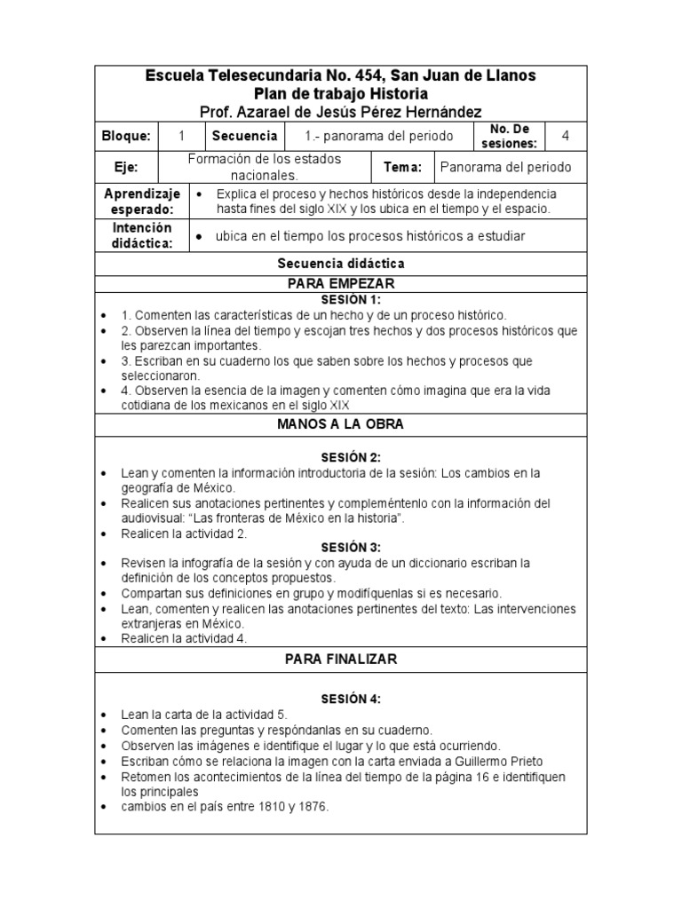 Plan de Trabajo de Historia Telesecundaria | PDF | Aprendizaje