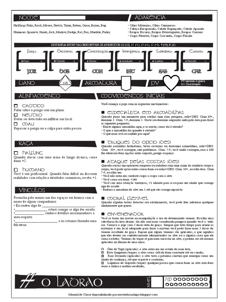 Ficha Base de Dungeon World - Ladrão | PDF | Veneno | Tempo