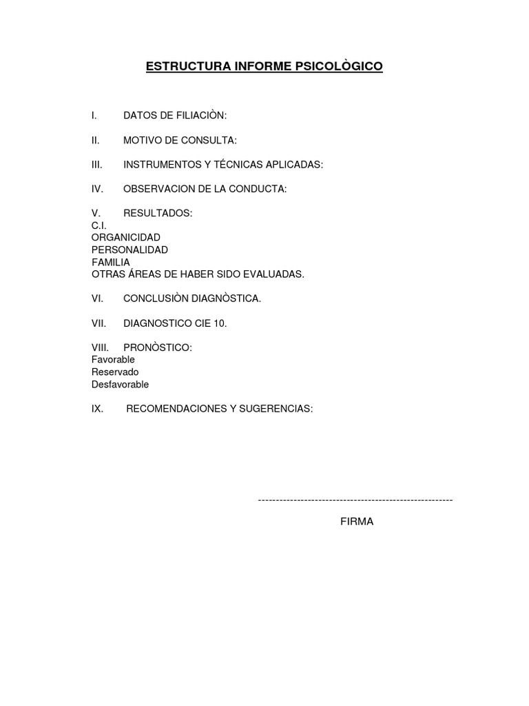 Estructura Informe Psicológico Y Plan De Tratamiento Del Caso Clinico 7685