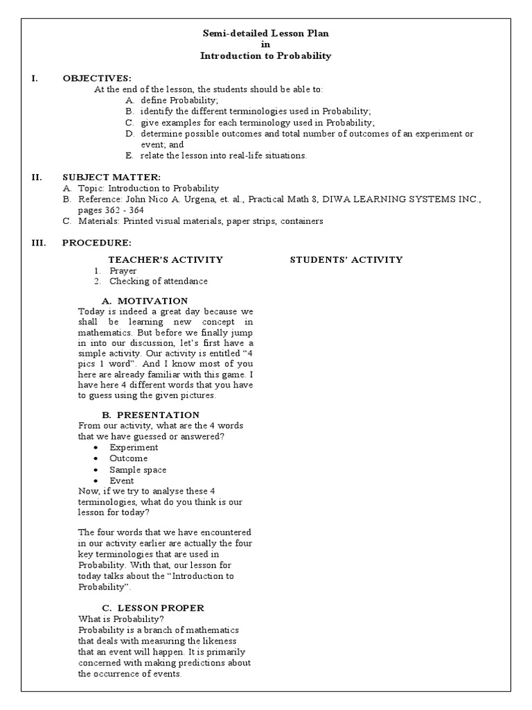 Lesson Plan in Intro To Probability | PDF | Probability | Cognition