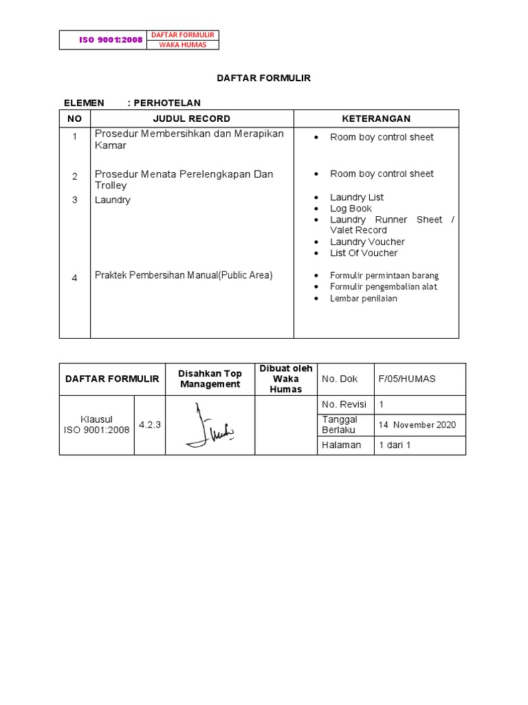 Formulir ISO 9001:2008 Perhotelan | PDF