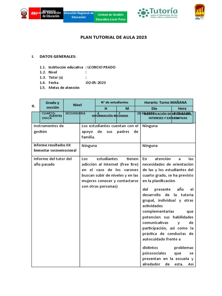 Plan Tutorial de Aula Cuarto de Secundaria | PDF