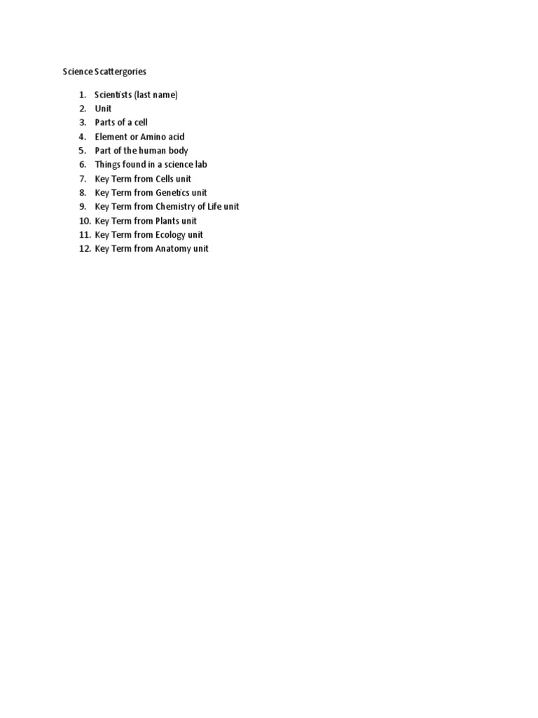 Science Scattergories Categories List | PDF