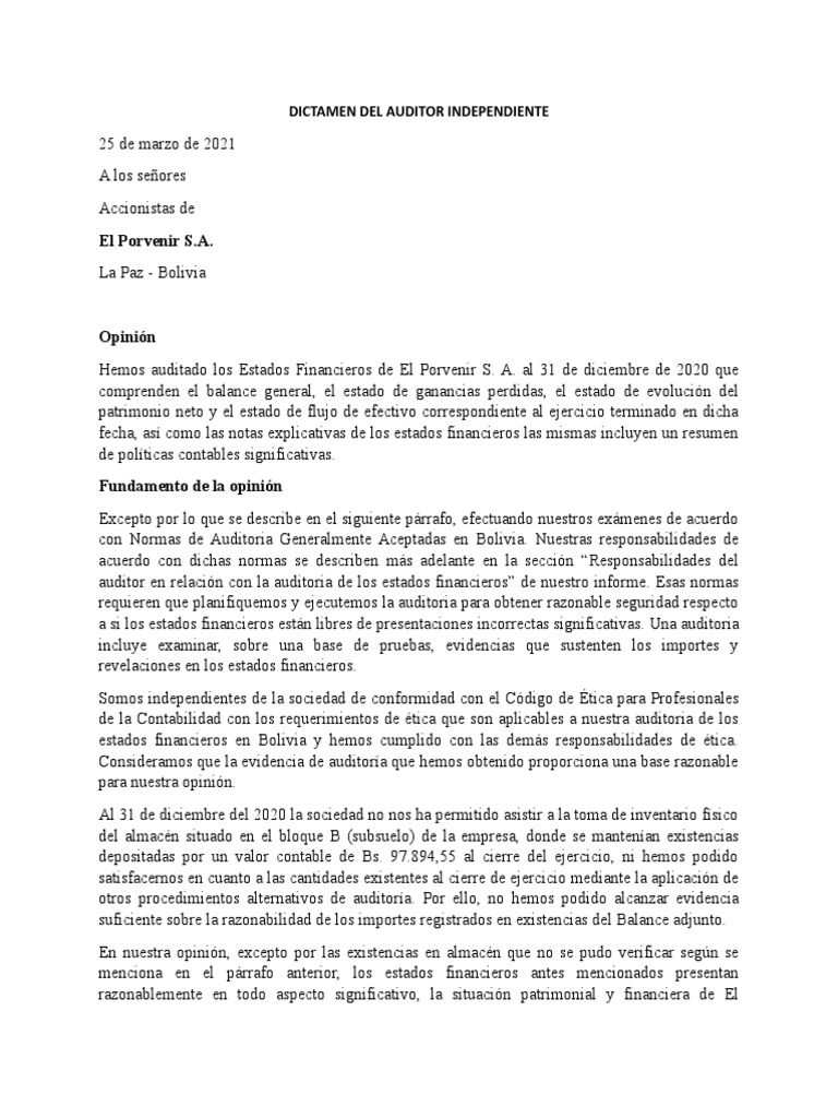 Dictamen de Auditoria Con Salvedad | PDF | Auditoría | Preocupación ...