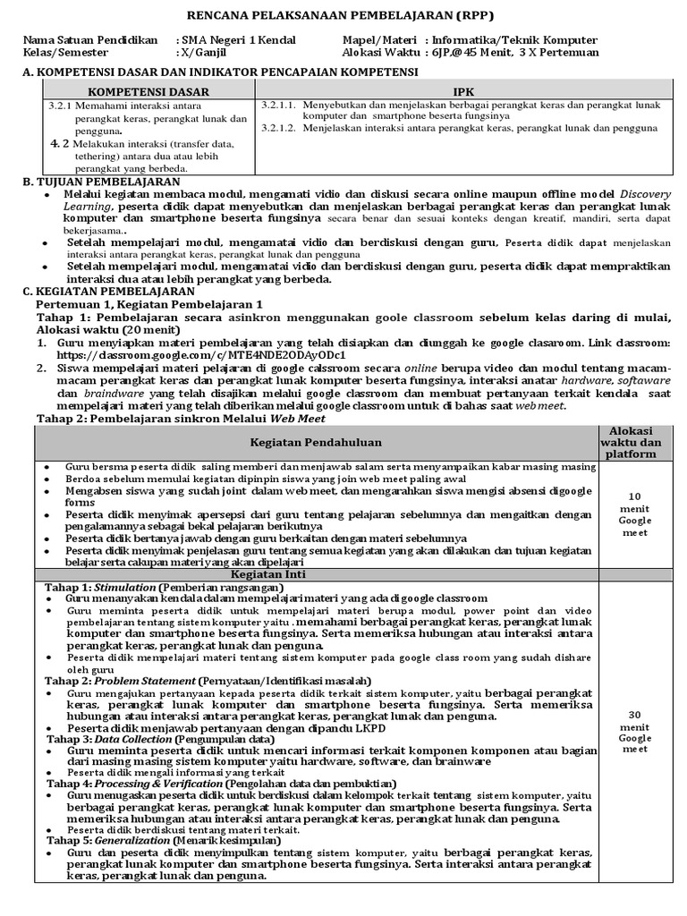 RPP Informatika Kelas X Sma | PDF