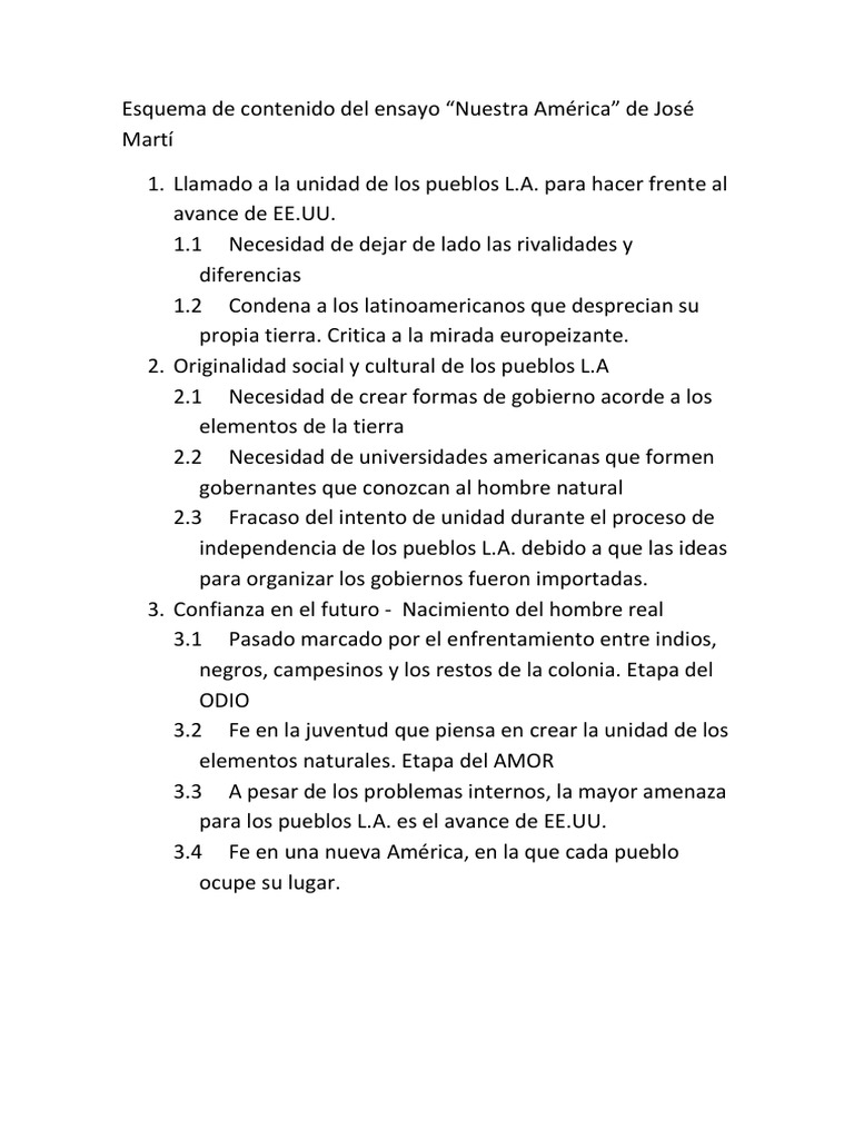 Esquema de Contenido - Nuestra América - José Martí | PDF